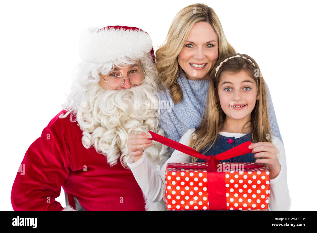 Mother and daughter with santa claus on white background Stock Photo ...