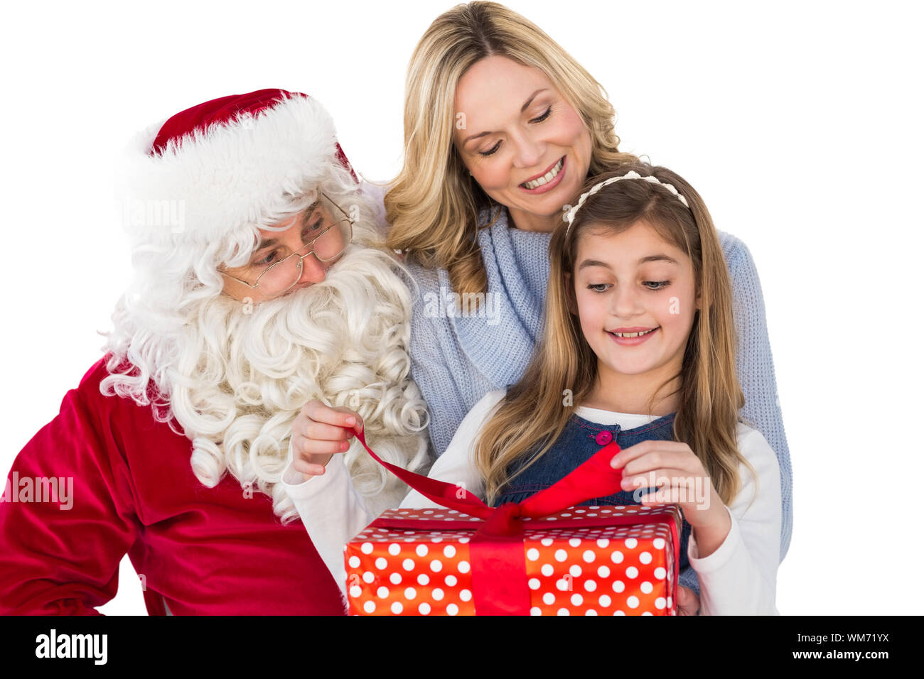 Mother and daughter with santa claus on white background Stock Photo ...