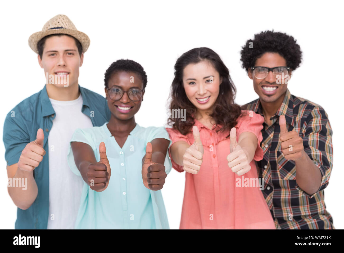 Stylish friends smiling at camera together on white background Stock ...