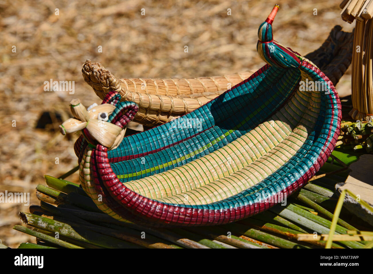 Traditional reed boat of the Uros islands, Lake Titicaca, Puno, Peru ...