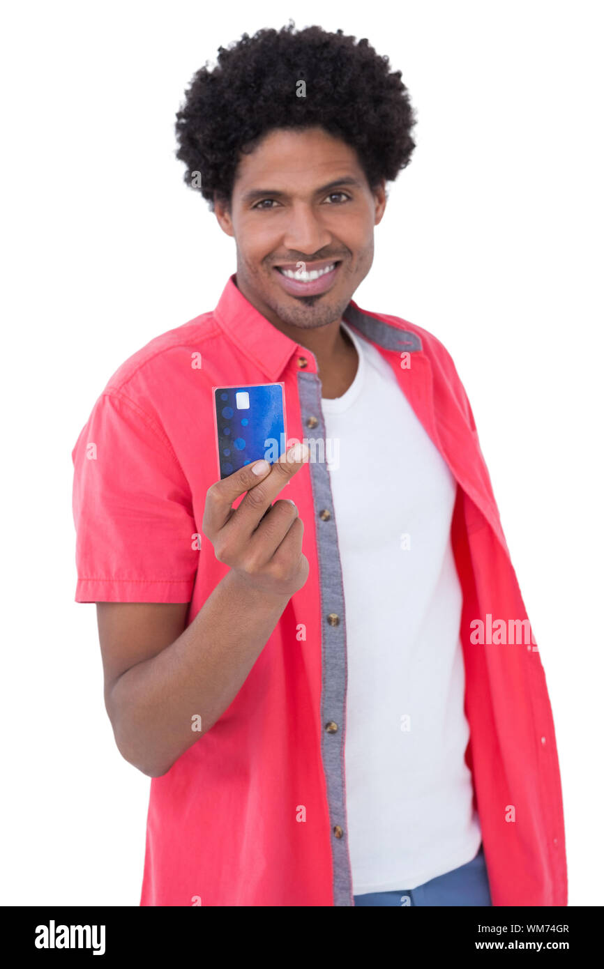 Happy man holding credit card on white background Stock Photo - Alamy