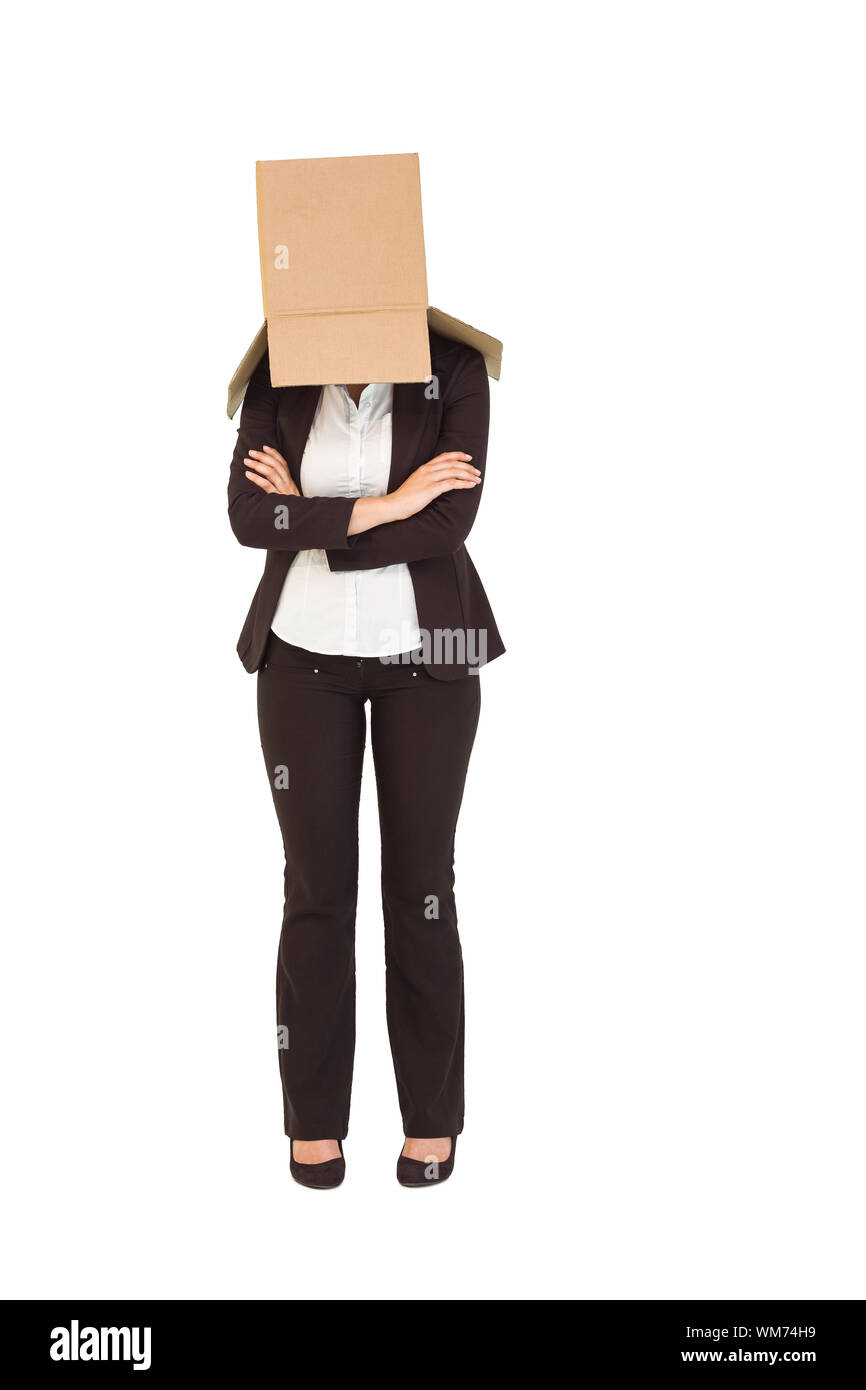 Businesswoman with box over head on white background Stock Photo - Alamy
