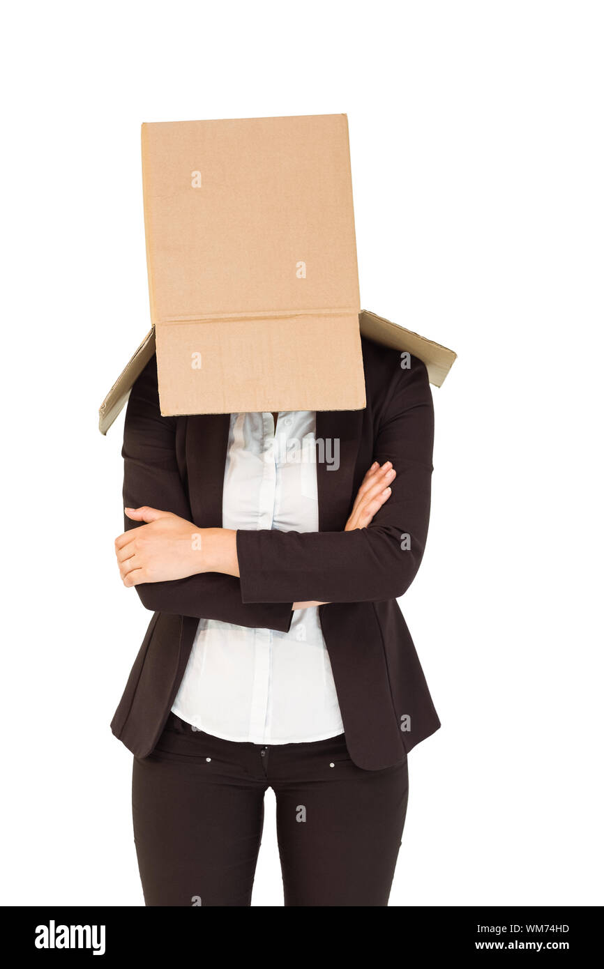 Businesswoman with box over head on white background Stock Photo - Alamy