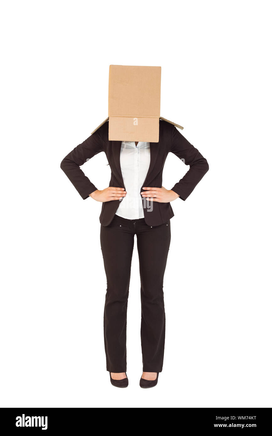 Businesswoman with box over head on white background Stock Photo - Alamy
