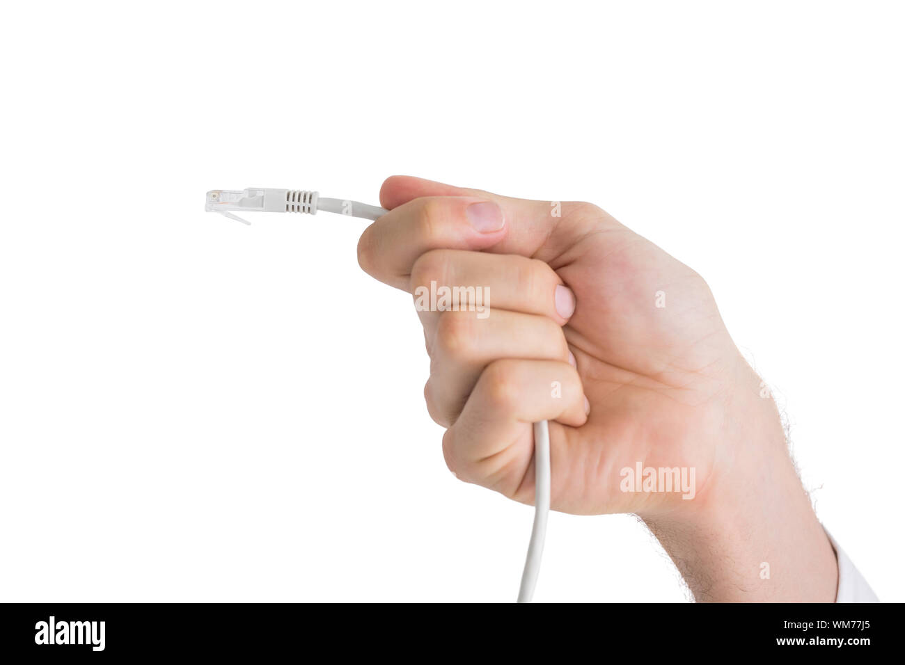 Hand of businessman holding white cable on white background Stock Photo ...