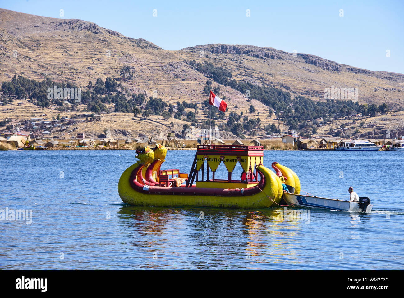Traditional reed boat of the Uros islands, Lake Titicaca, Puno, Peru ...