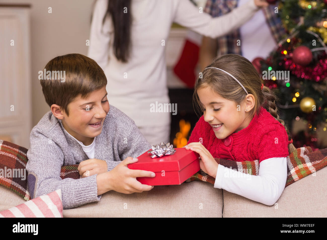 Brother and sister holding a gift at home in the living room Stock ...