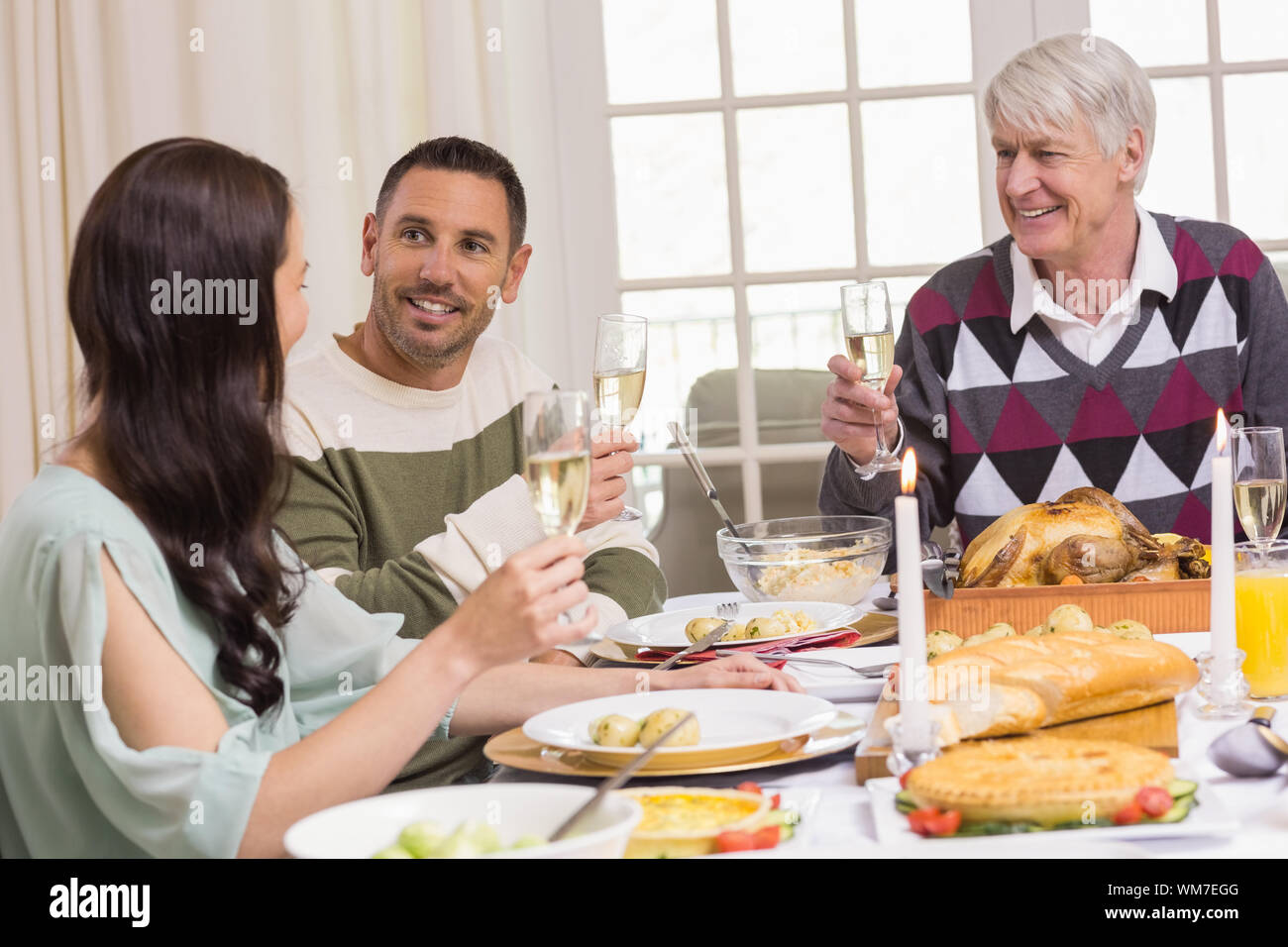 Smiling family toasting during christmas dinner at home in the living ...