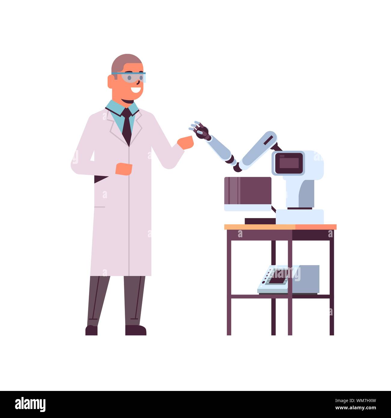 male scientist near industrial robotic arm man in uniform with robot ...