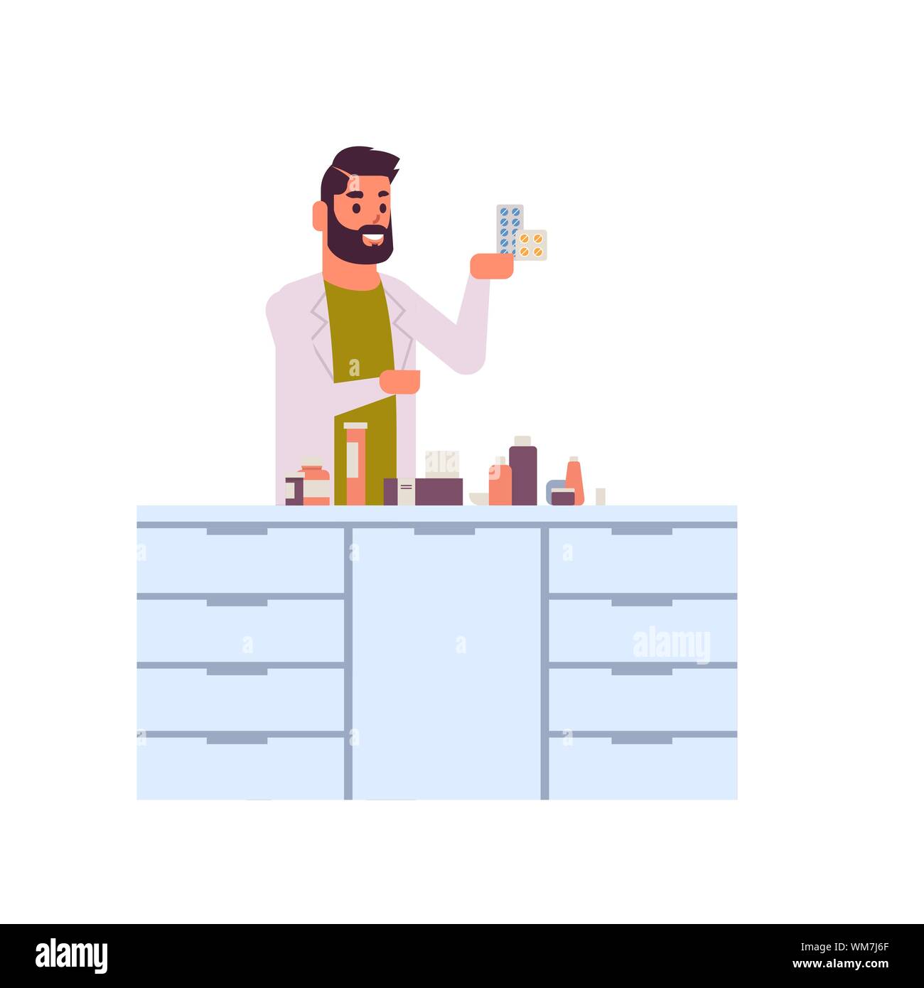 male scientific researcher holding drugs packages man in uniform ...