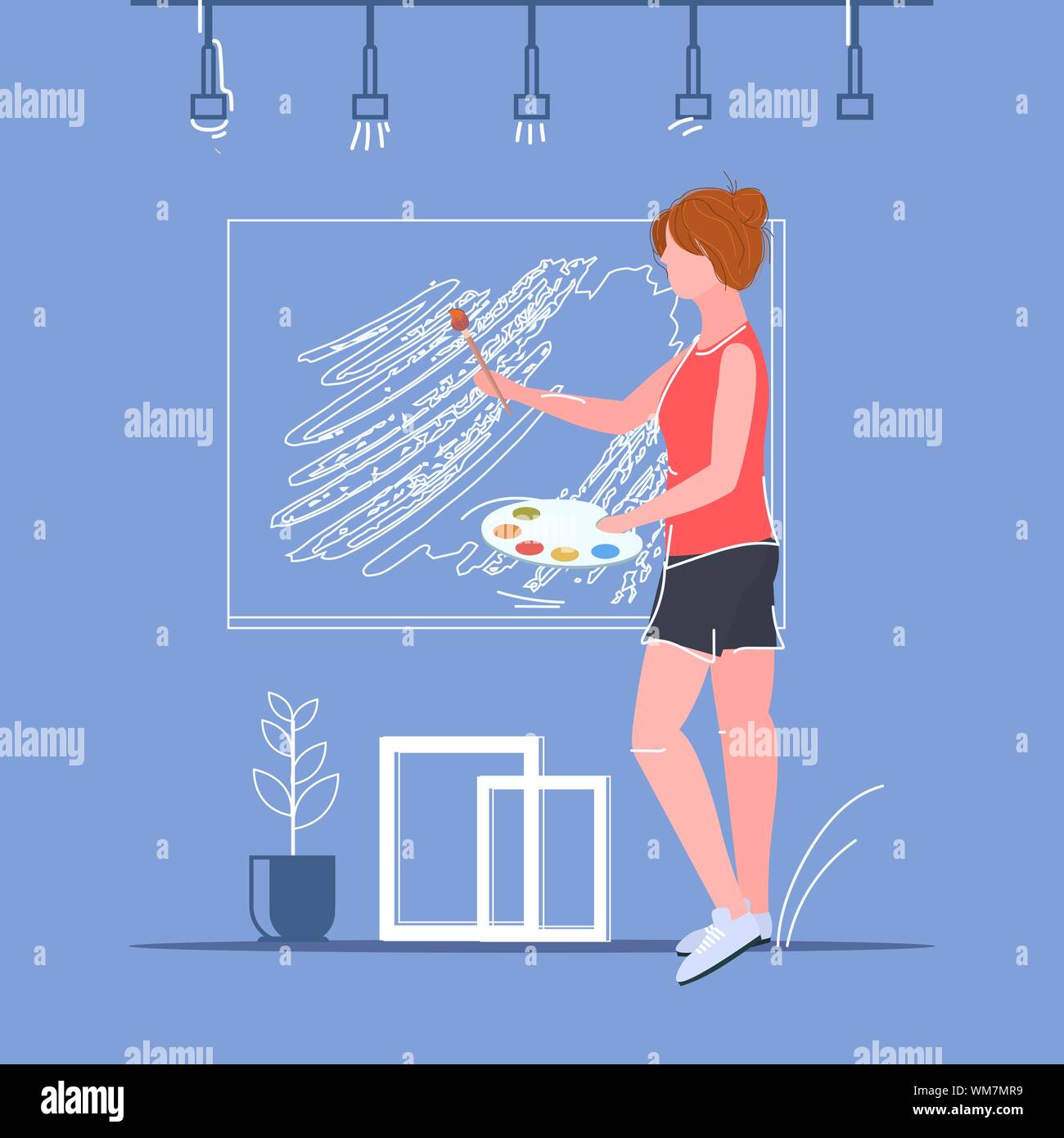 female painter using paintbrush and palette woman artist standing and ...