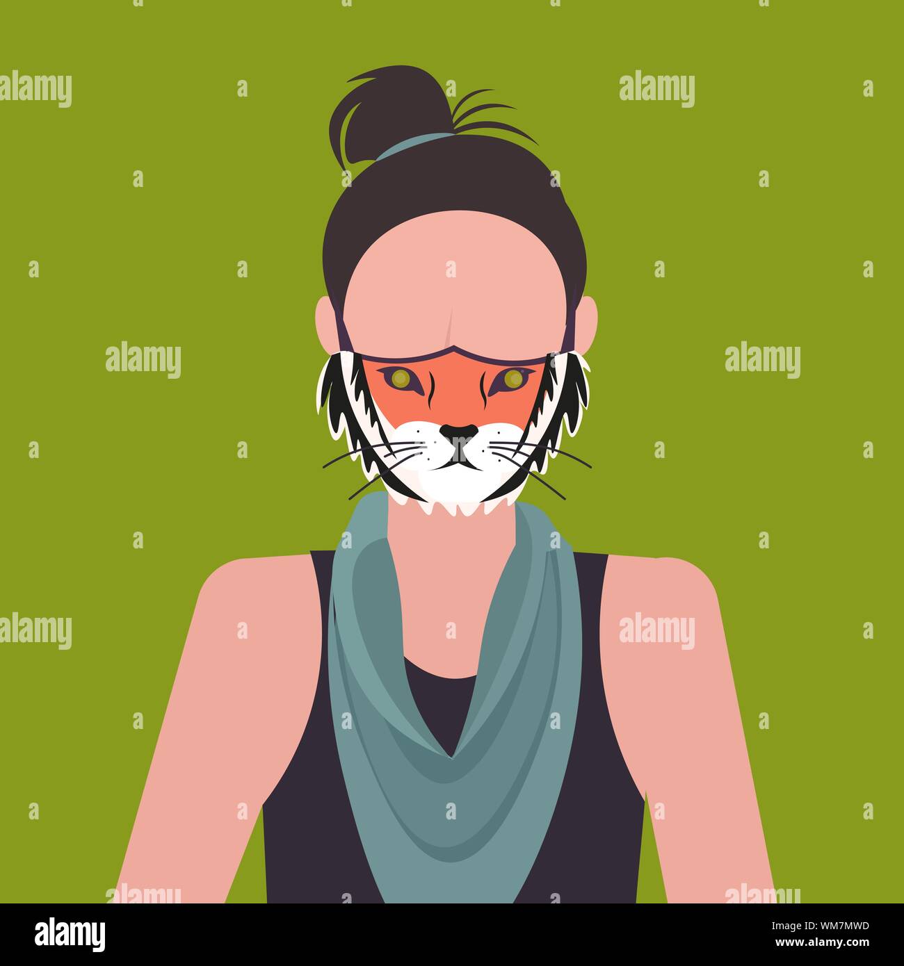 woman wearing protective mask with tiger face smog air pollution virus ...