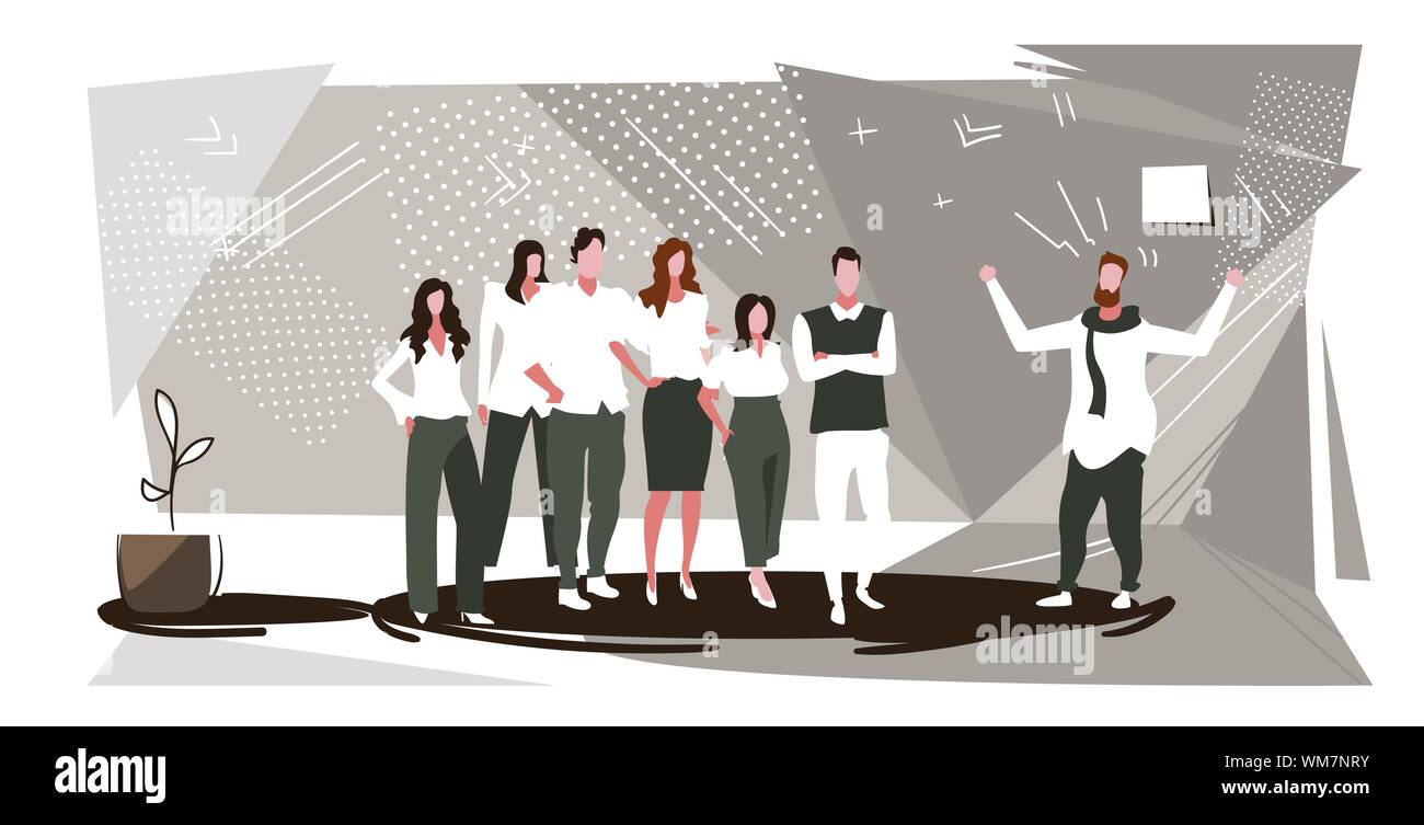 unsatisfied businessman boss screaming on frustrated workers group bad ...