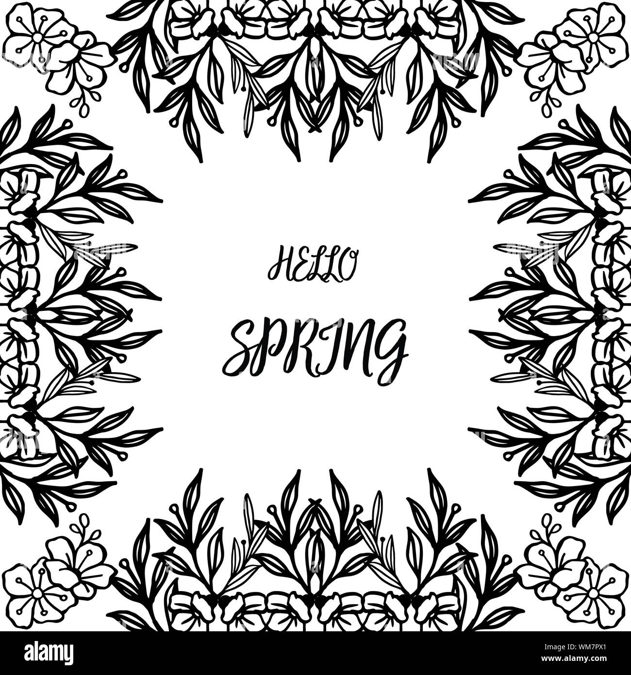 Greeting card hello spring with border of leaves flower frame. Vector ...