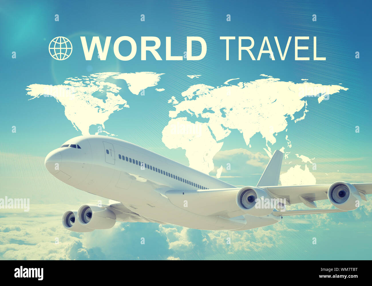 Contoured map of world continents, inscription World Travel and related ...