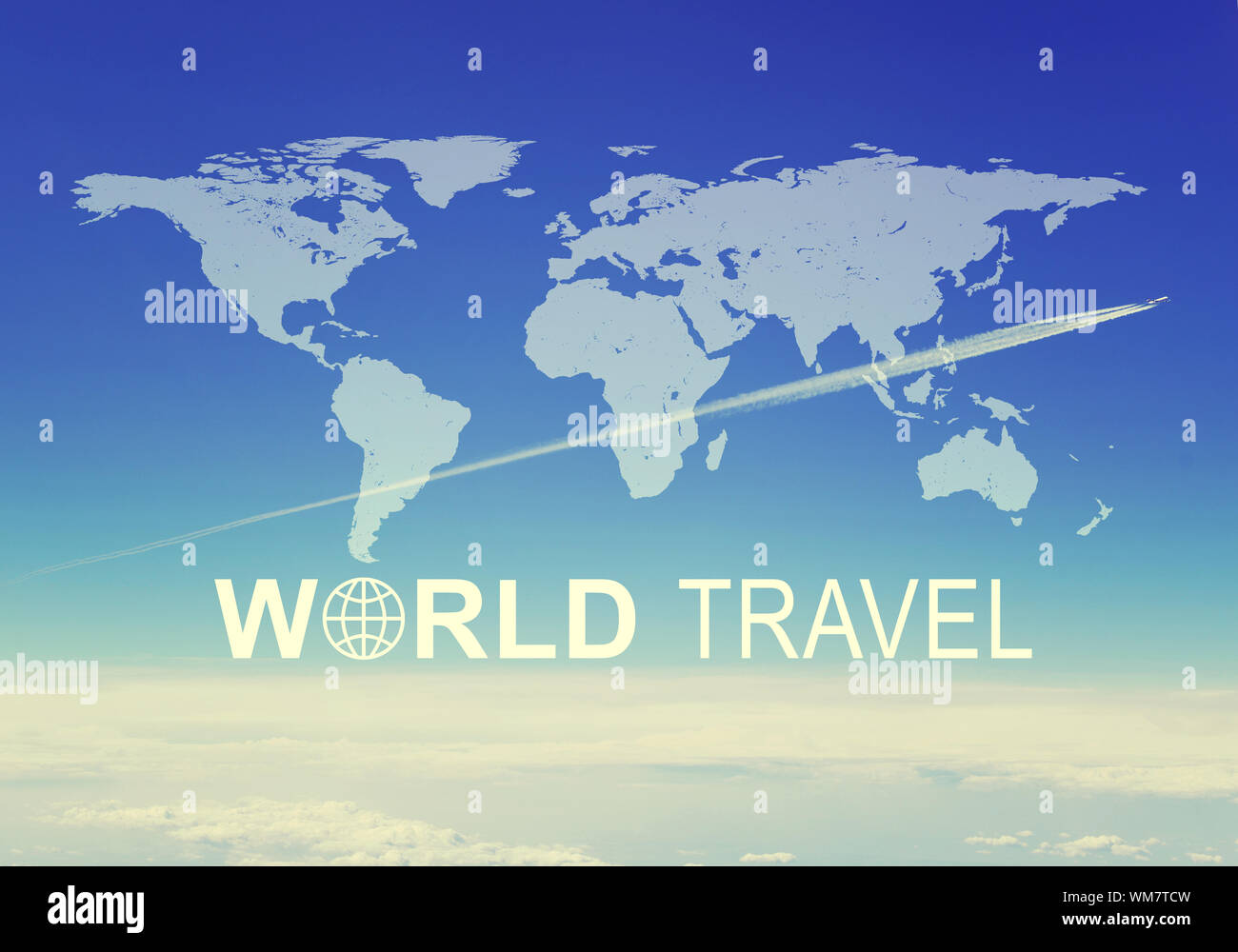 Contoured map of world continents with inscription World Travel, aerial ...