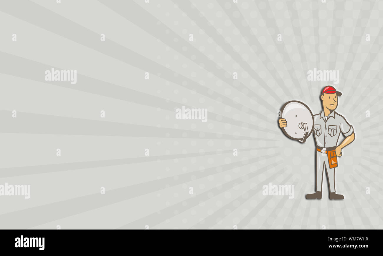 Business card showing illustration of a cable tv installer guy holding ...
