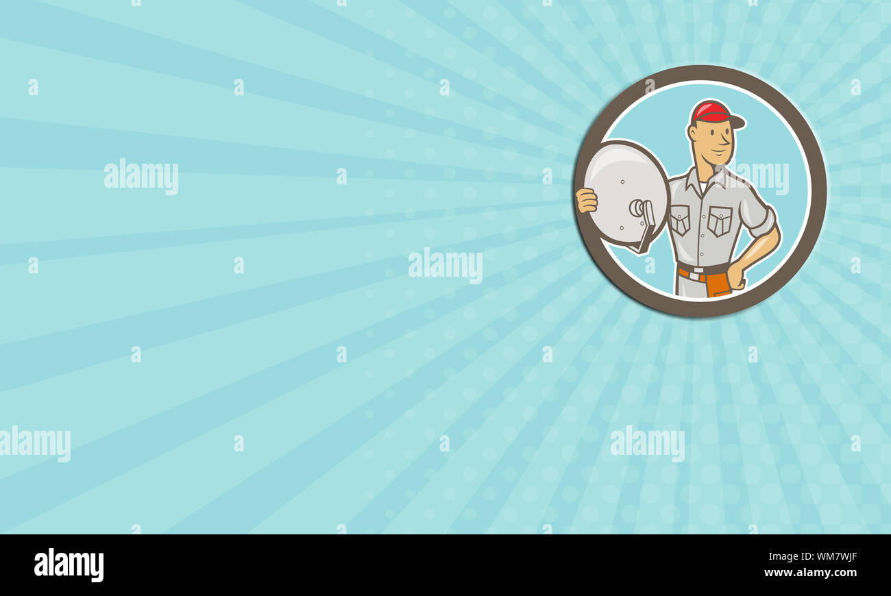 Business card showing illustration of a cable tv installer guy holding ...