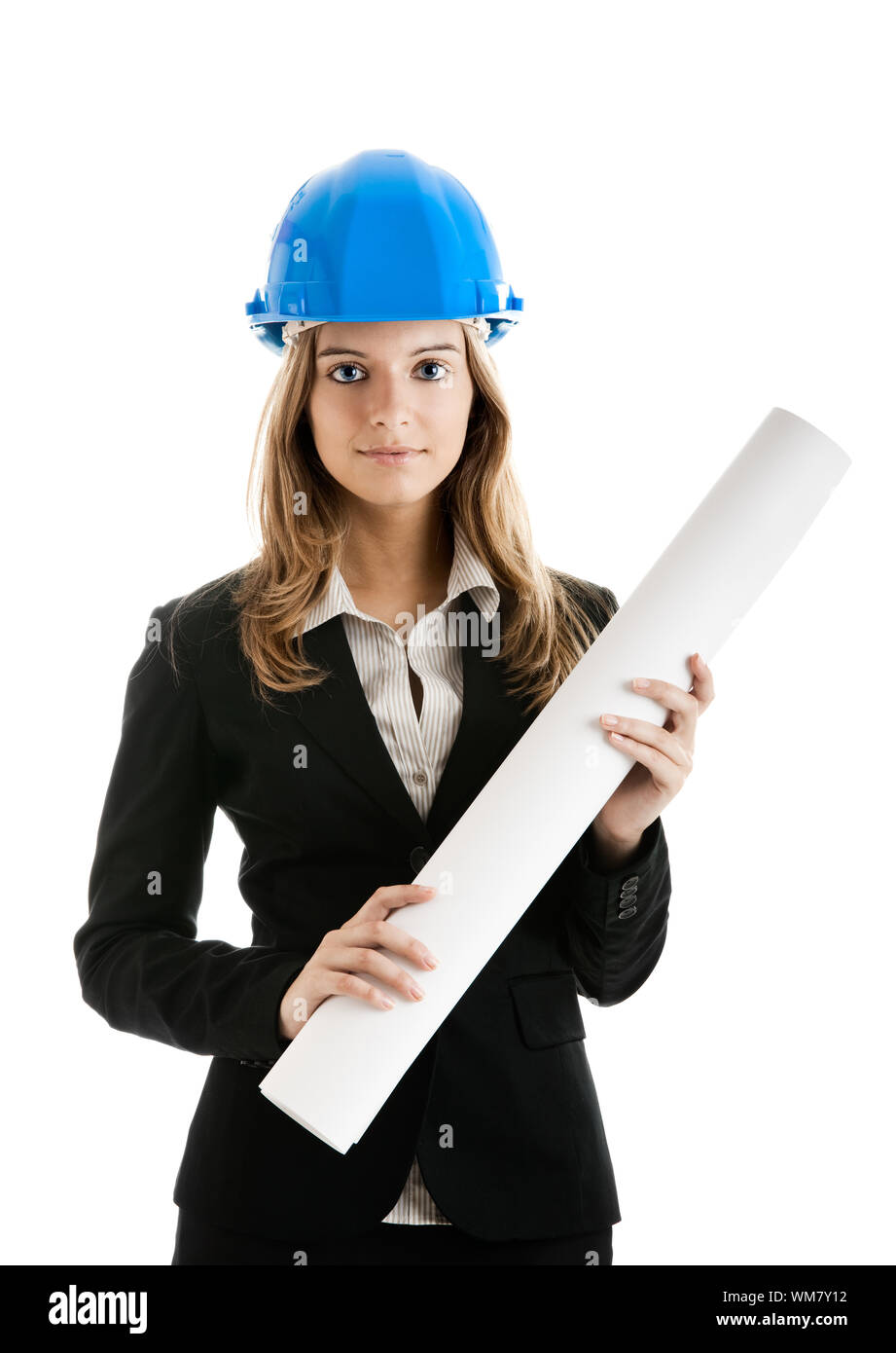 Beautiful and young female architect using a blue helmet Stock Photo ...