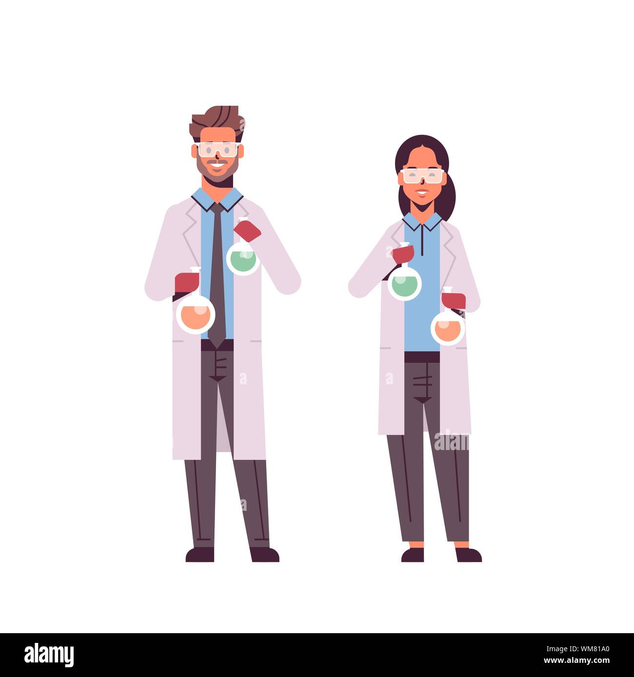 scientists couple holding test tubes man woman in uniform working with ...