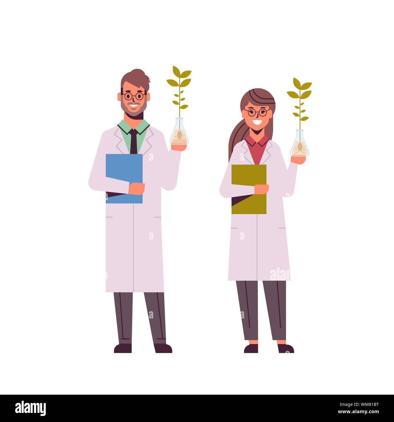 scientists couple examining plant sample in test tubes man woman in ...