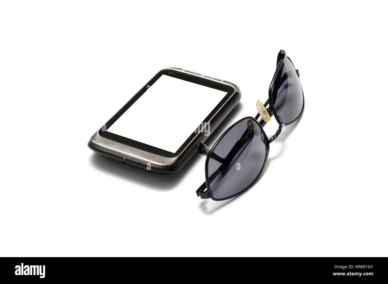 sunglasses with smart phone on a white background Stock Photo - Alamy