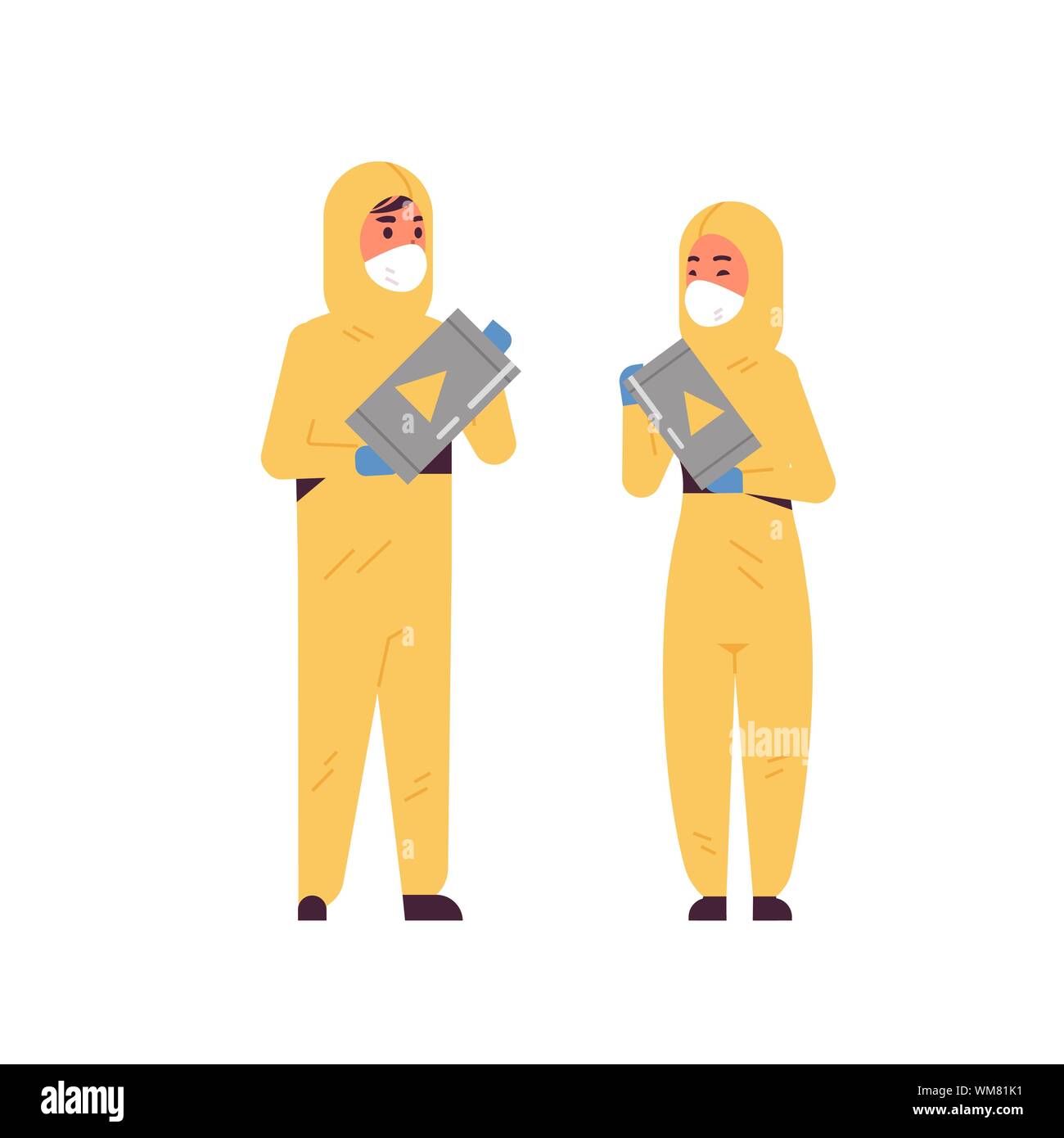 scientists couple holding barrels with warning sign man woman in ...