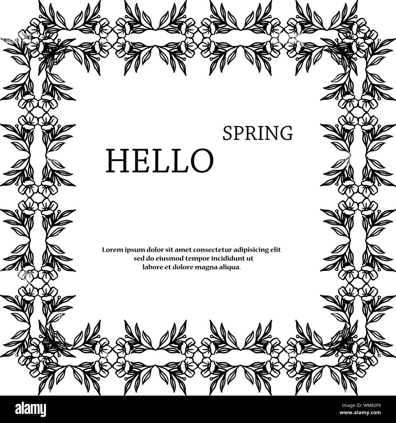 Greeting card hello spring with border of leaves flower frame. Vector ...