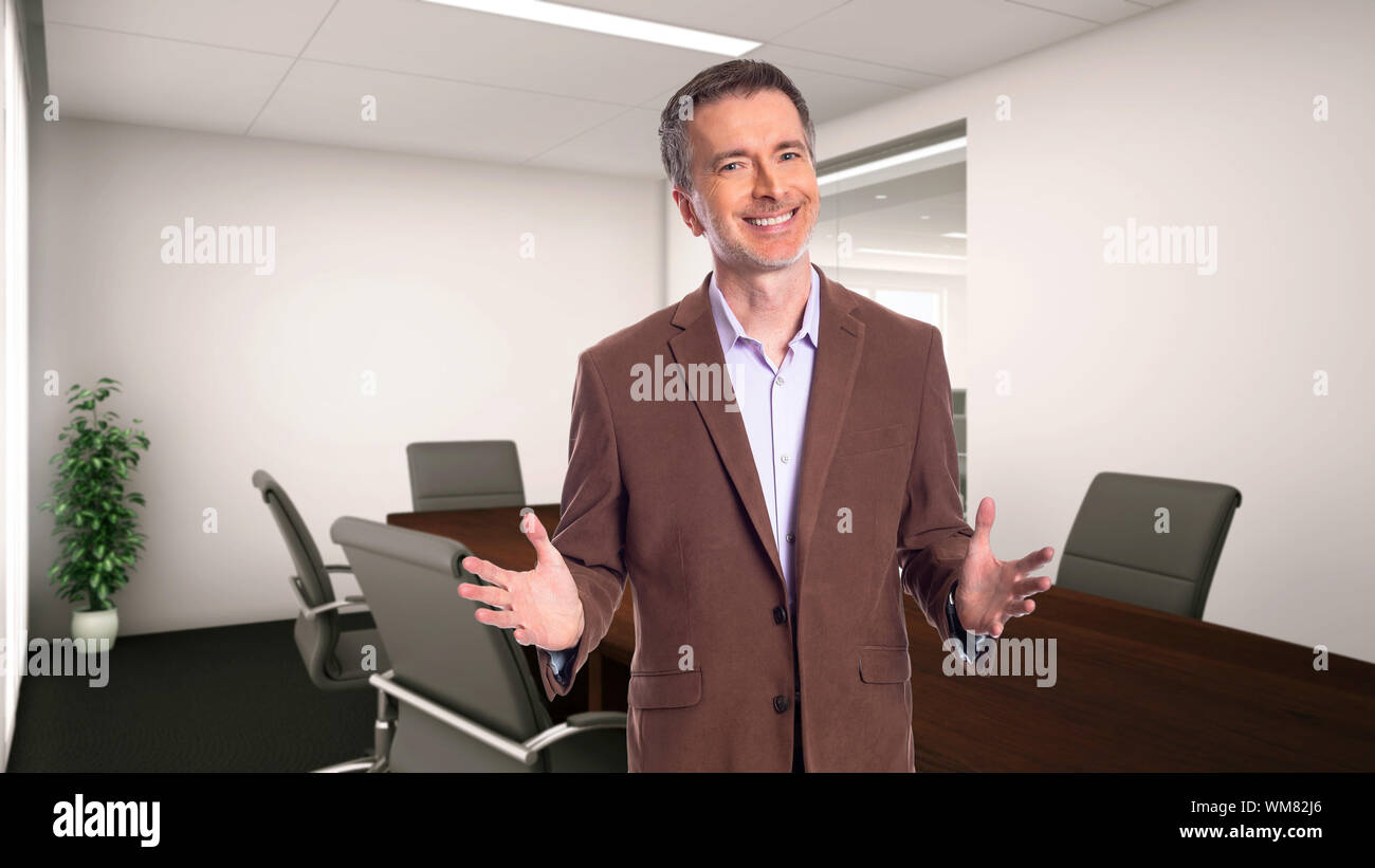 Middle-Aged businessman with gray hair and wearing a brown jacket ...