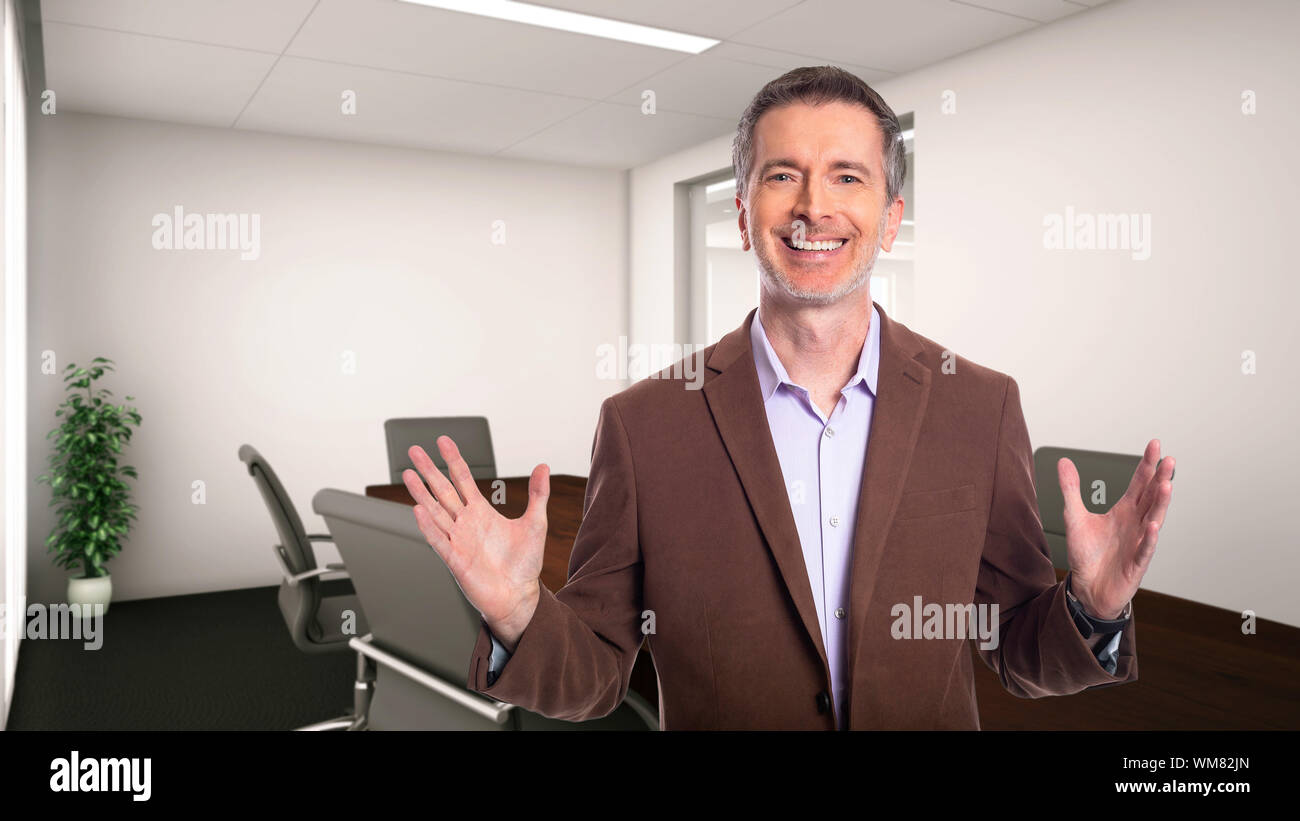 Middle-Aged businessman with gray hair and wearing a brown jacket ...