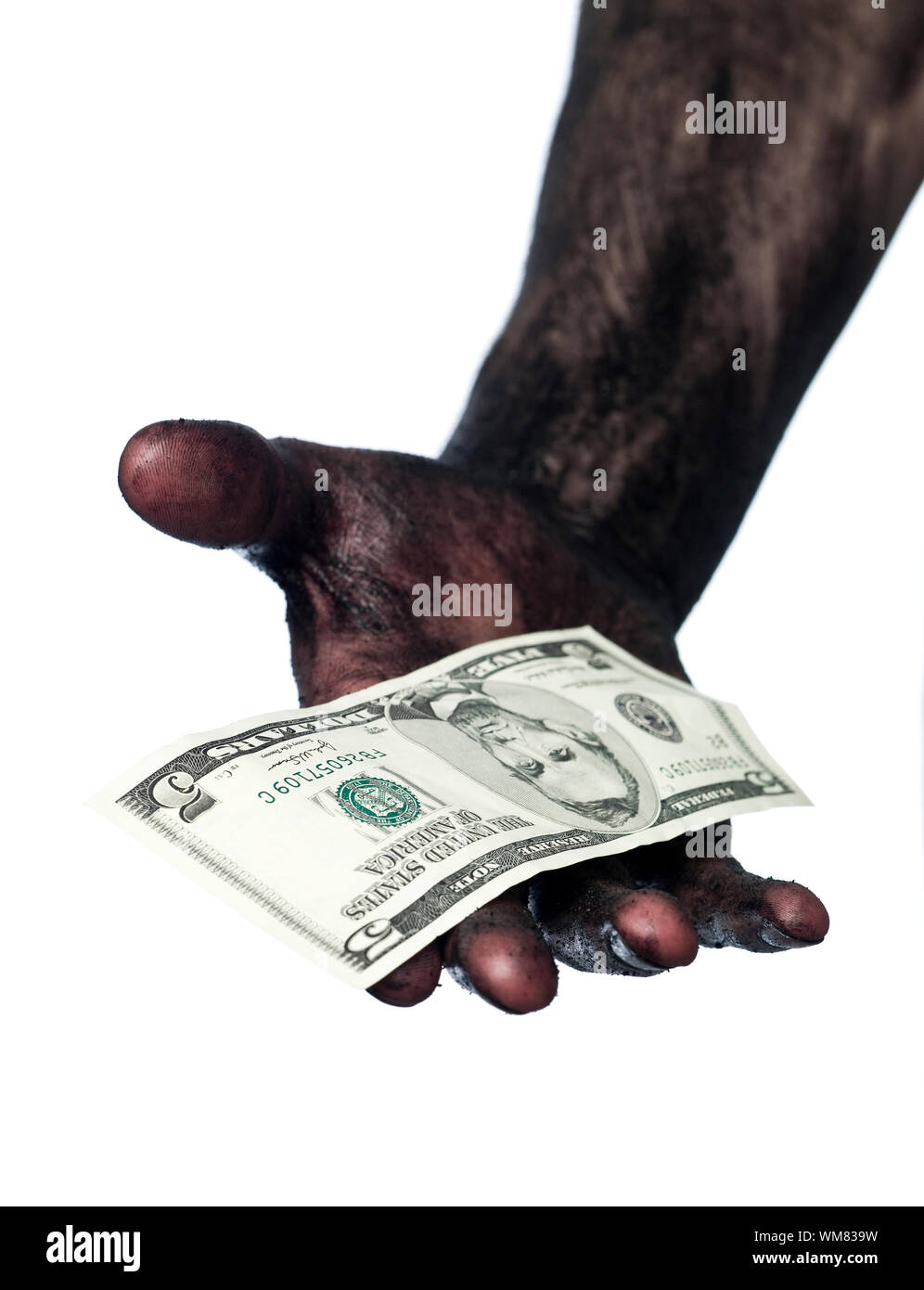 Dirty hand holding a five dollar bank note Stock Photo - Alamy