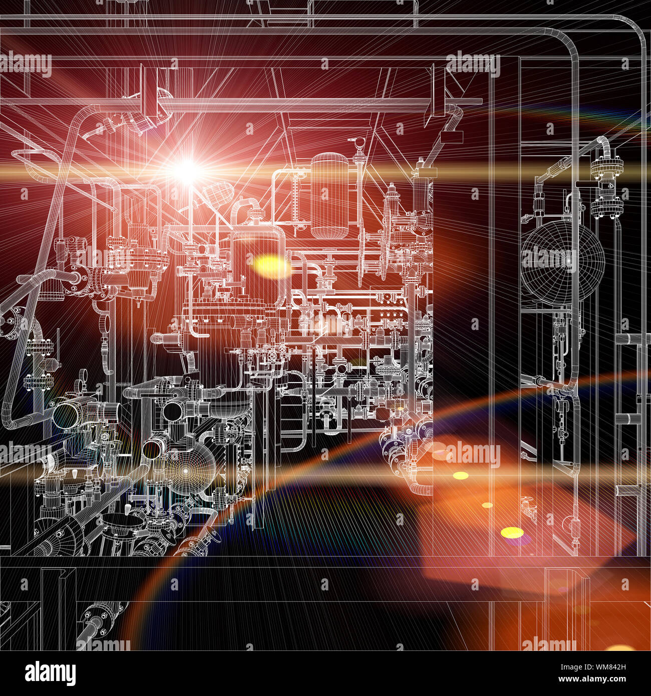 Wire-frame drawing of pipeline and bowl network, lit by rays of ...
