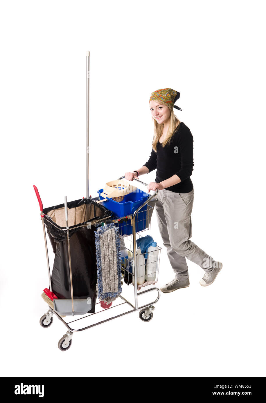 cleaner with cleaning cart Stock Photo - Alamy