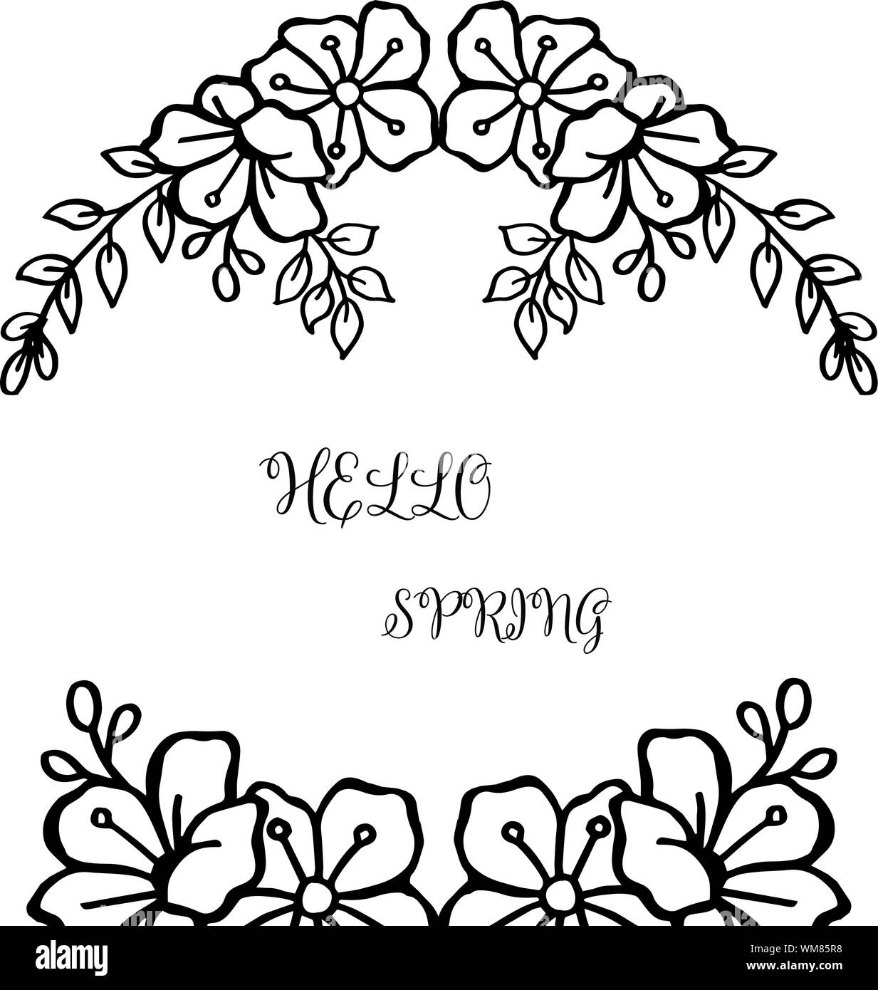 Card pattern of hello spring on white backdrop, with drawing of wreath ...