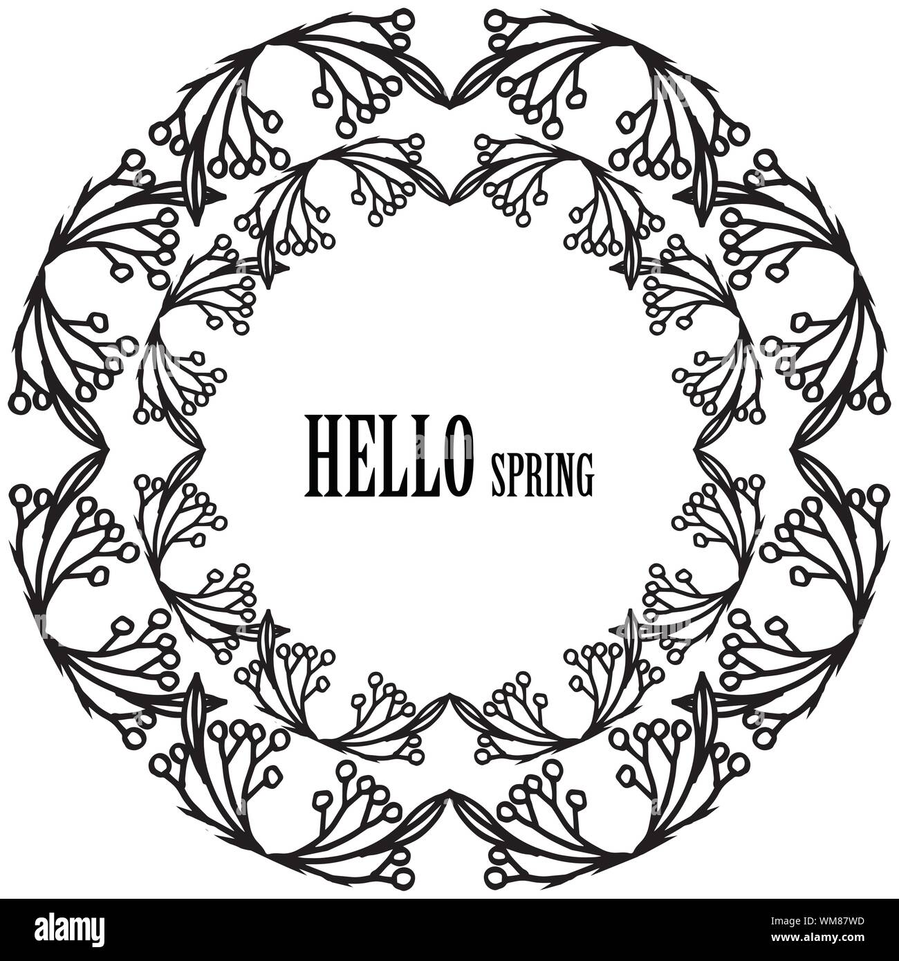 Hello spring lettering text with various crowd of leaf flower frame ...