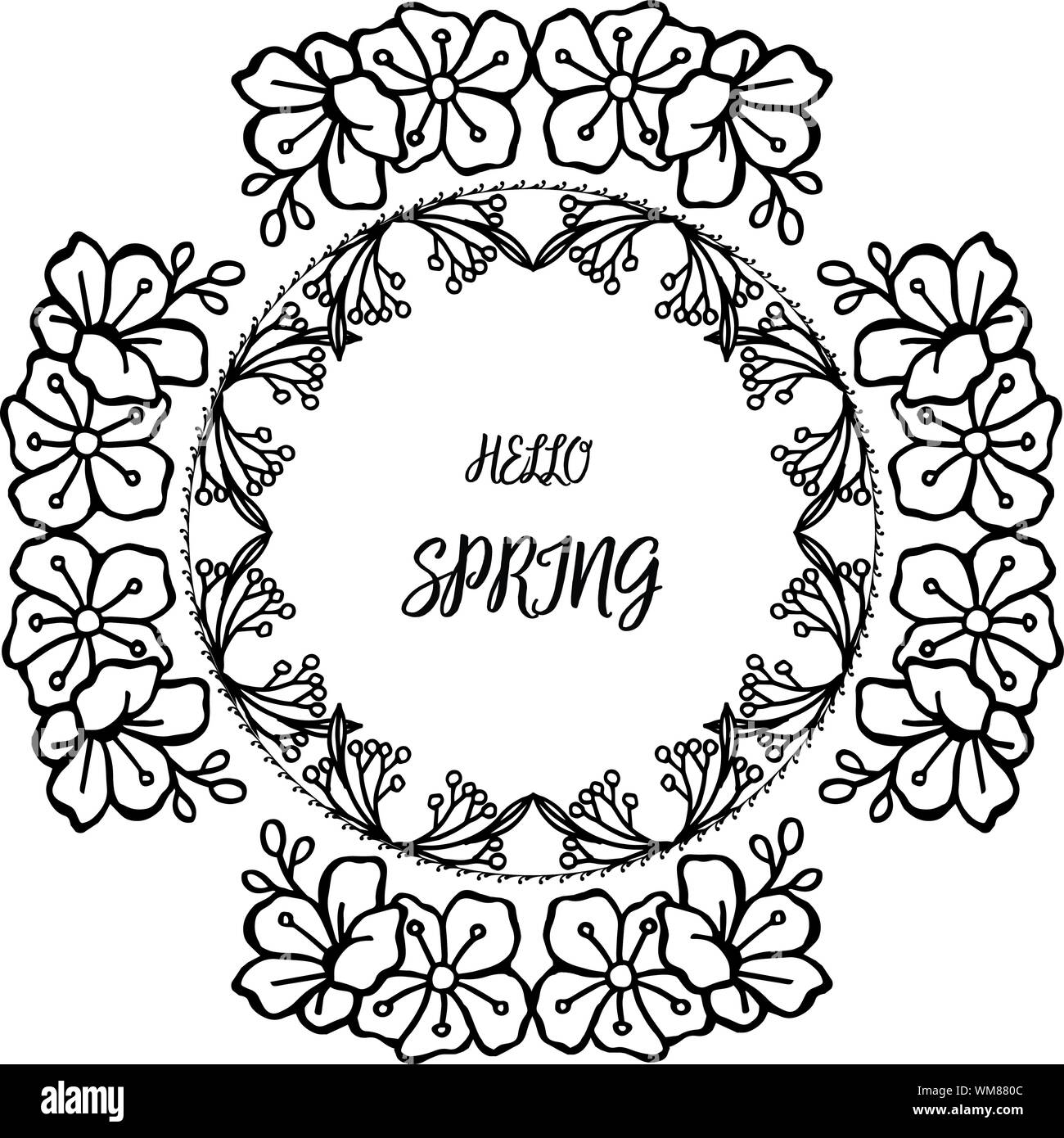Hello spring lettering text with various crowd of leaf flower frame ...