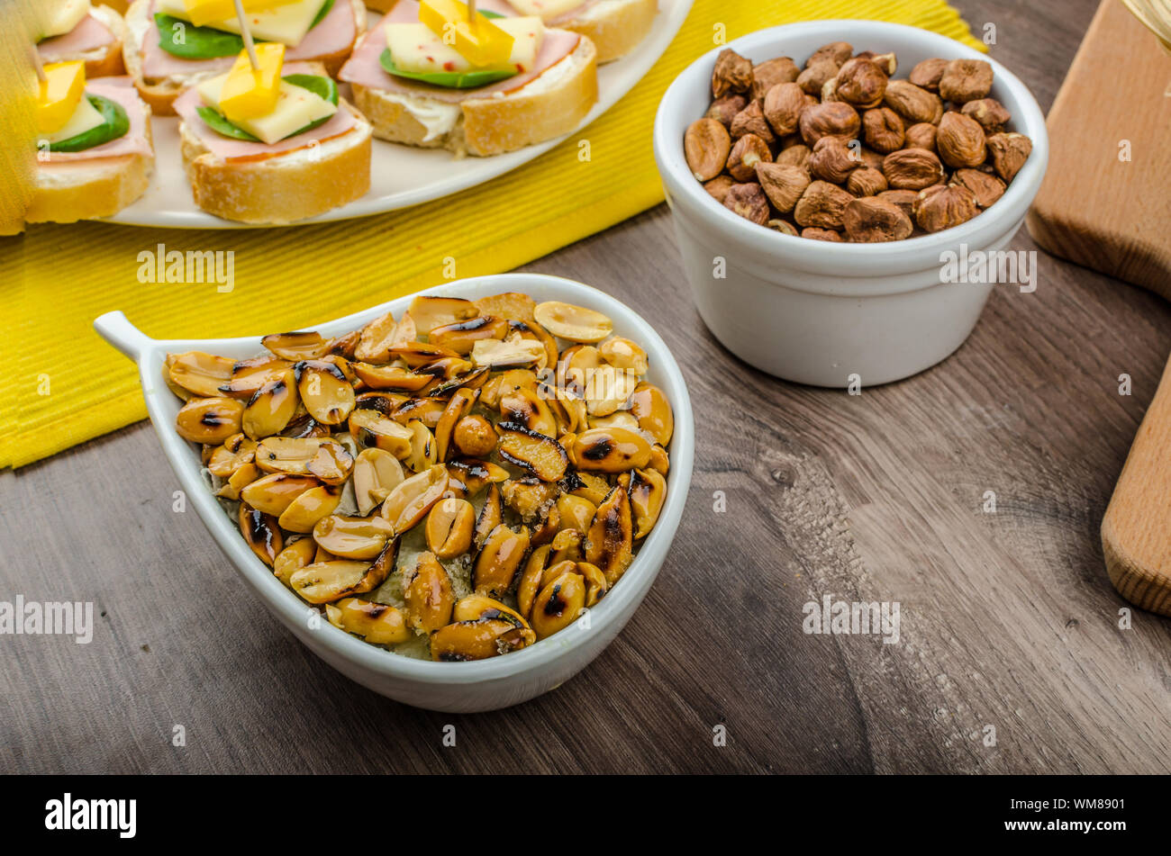 New Year's Eve meal - canapes with ham, cheese and spinach leaves ...