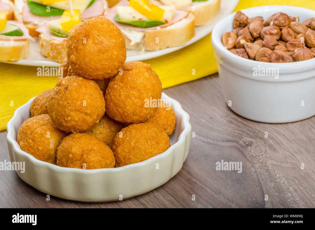 New Year's Eve meal - canapes with ham, cheese and spinach leaves ...