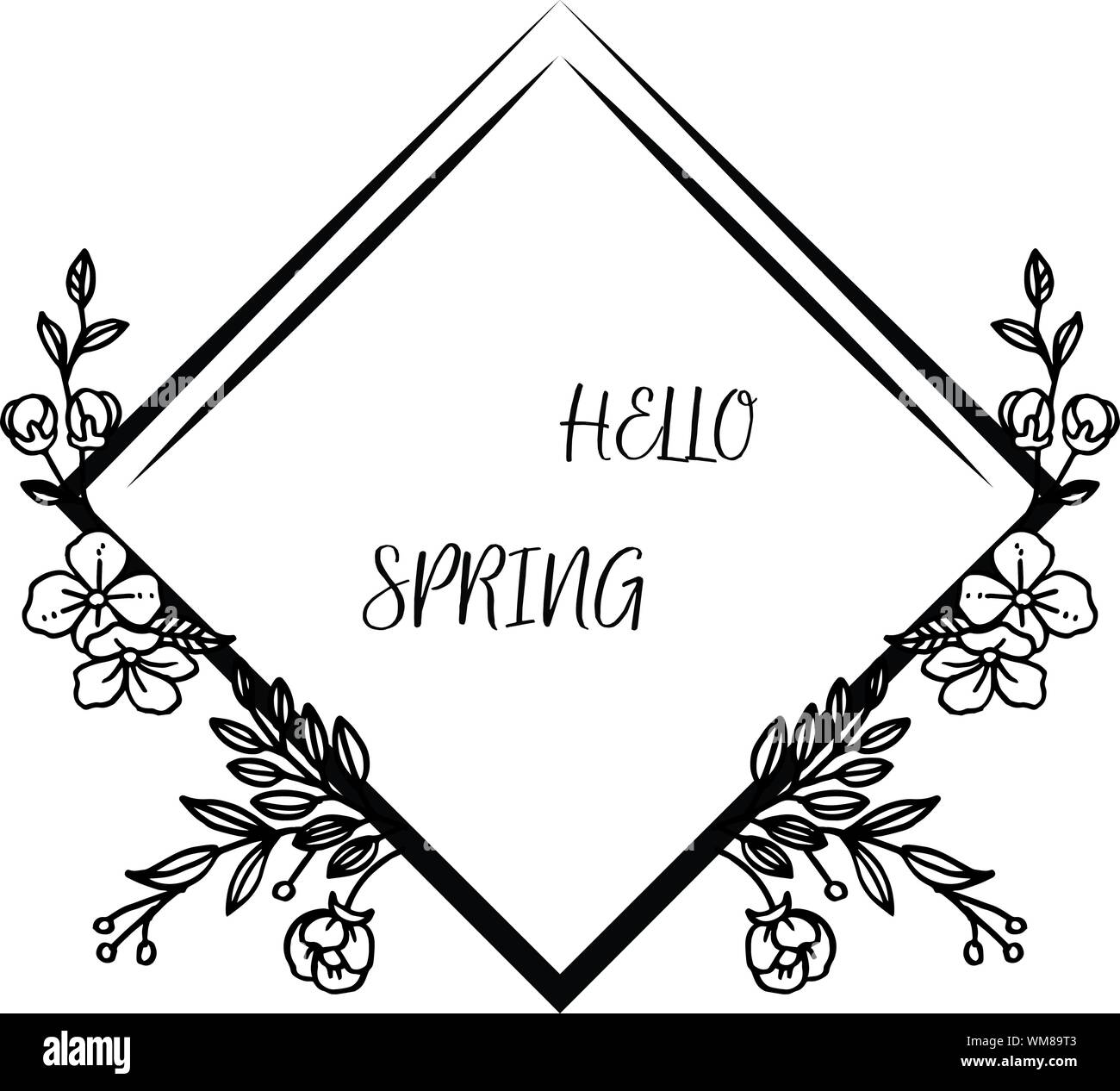 Handwritten lettering hello spring, elegant frame with texture of ...