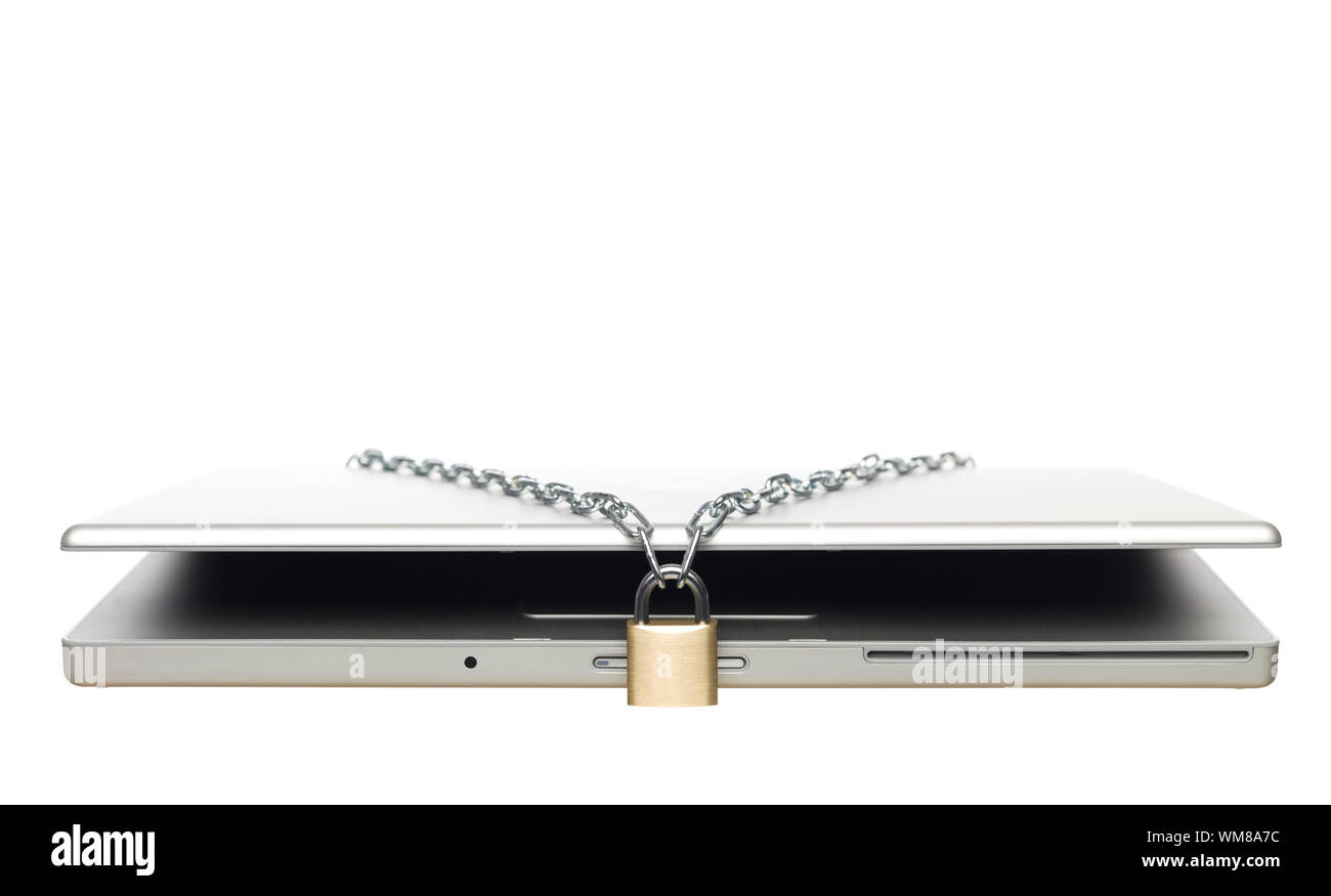 Chained and locked laptop isolated on white Stock Photo - Alamy