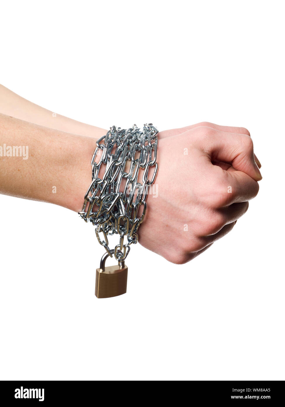 Hands chained together isolated on a white background Stock Photo - Alamy