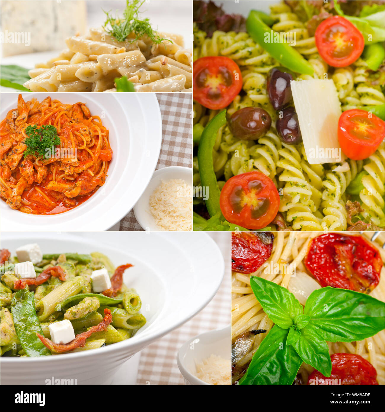 collection of different type of Italian pasta on collage white frame ...