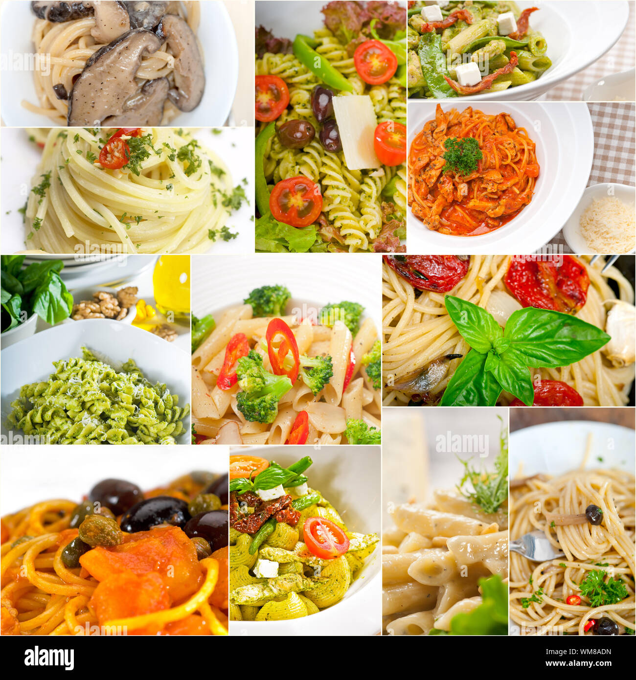 collection of different type of Italian pasta on collage white frame ...
