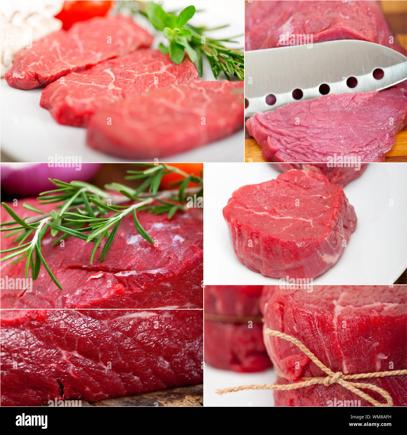 collection of different raw beef cuts collage white frame Stock Photo ...