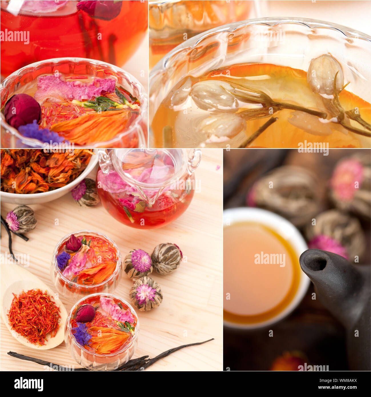 collection of different herbal tea infusion collage white frame Stock ...