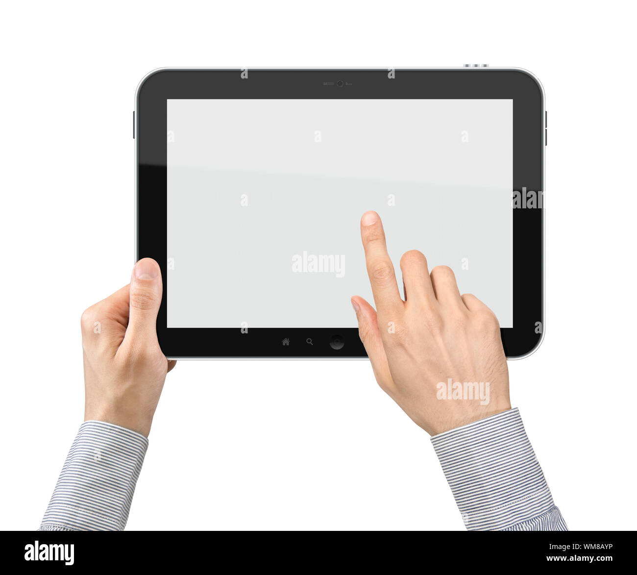 Businessman hands are holding and point on touch screen device ...