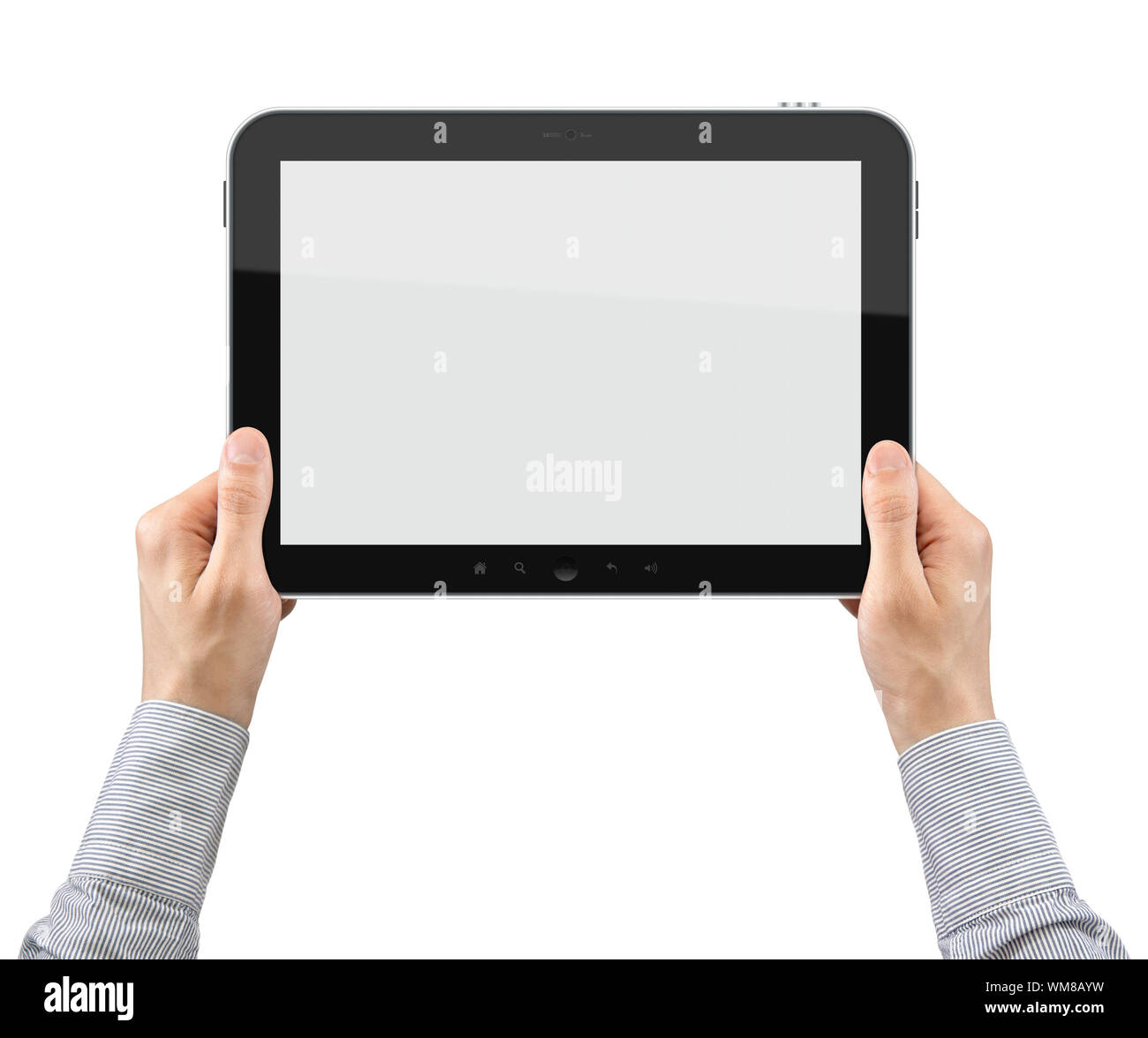 Businessman hands are holding the touch screen device. Isolated on ...