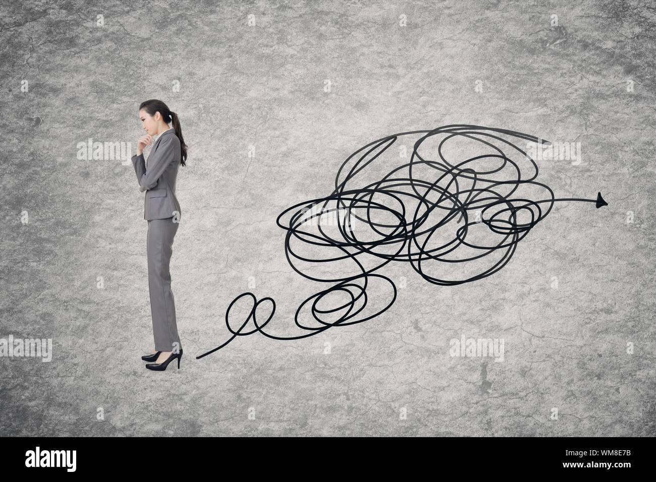 Confused concept with Asian business woman thinking with hand drawing ...