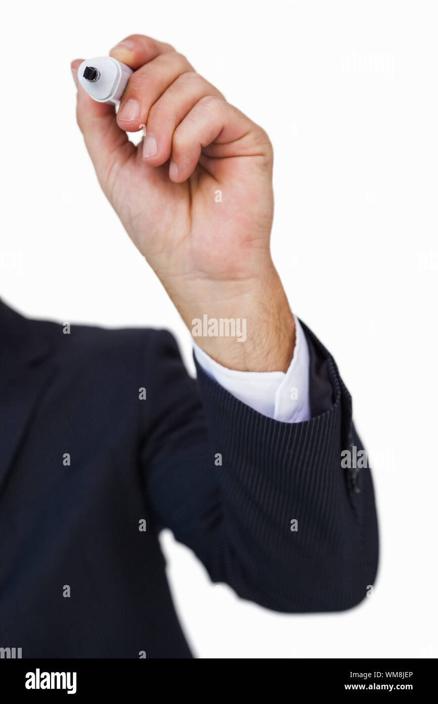 Hand of a businessman writing with marker on white background Stock ...