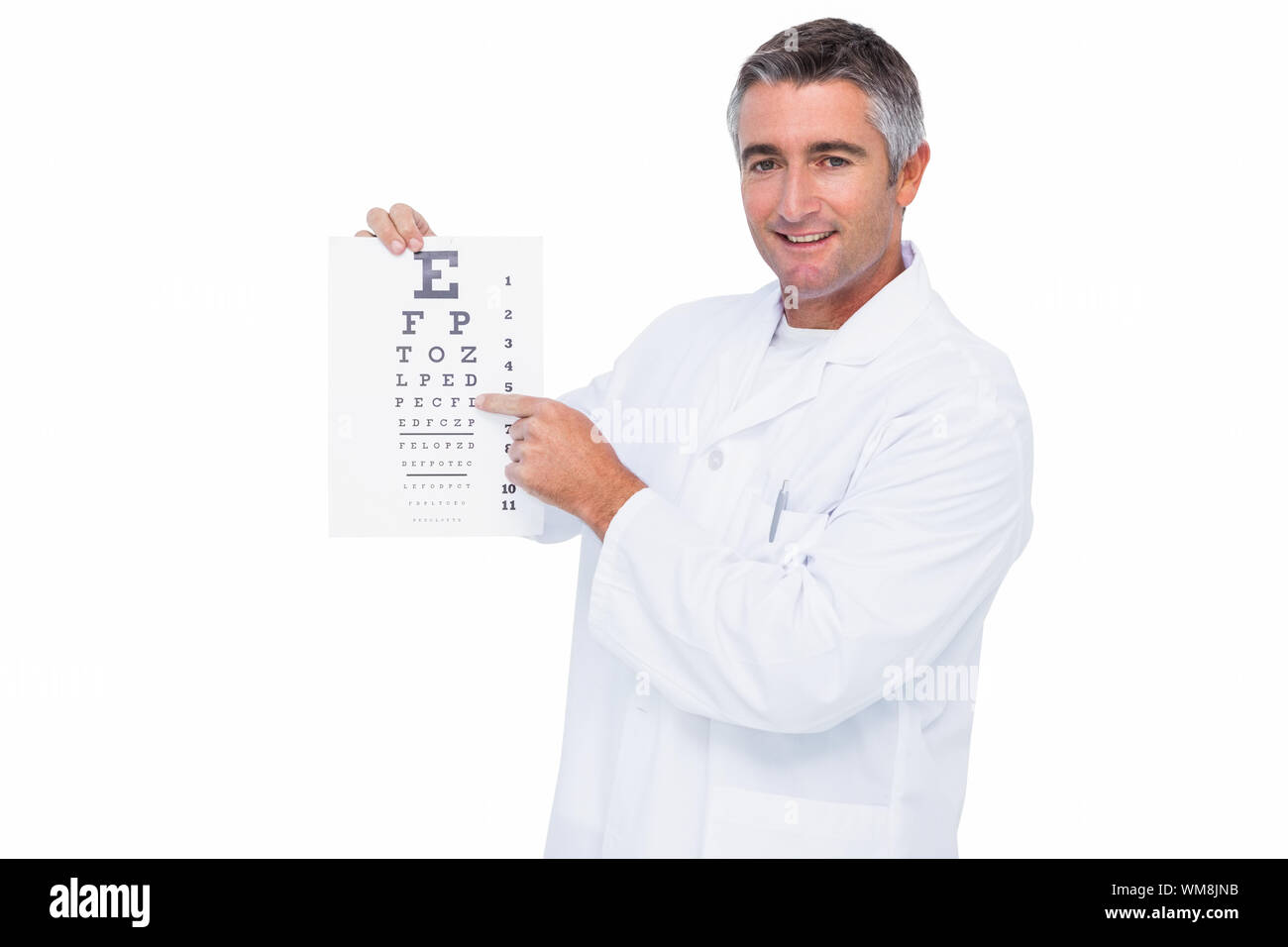 Smiling optician presenting the eye test on white background Stock ...